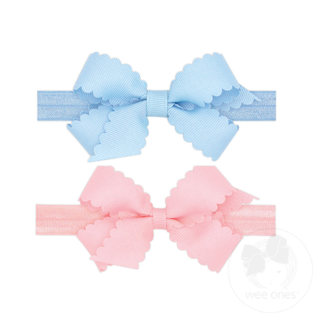 Wee Ones Two Mini Scallop Bows With Bands- Blue and Light Pink – The ...